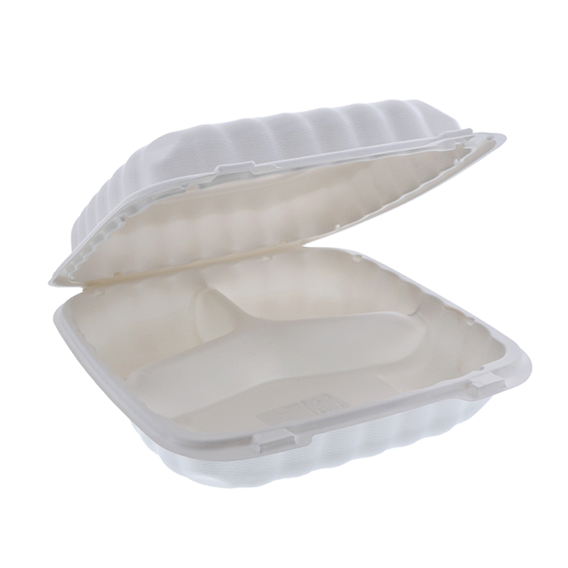 9 x 9 x 3" 3-Compartment MFPP Hinged Lid Container | Pactiv Evergreen