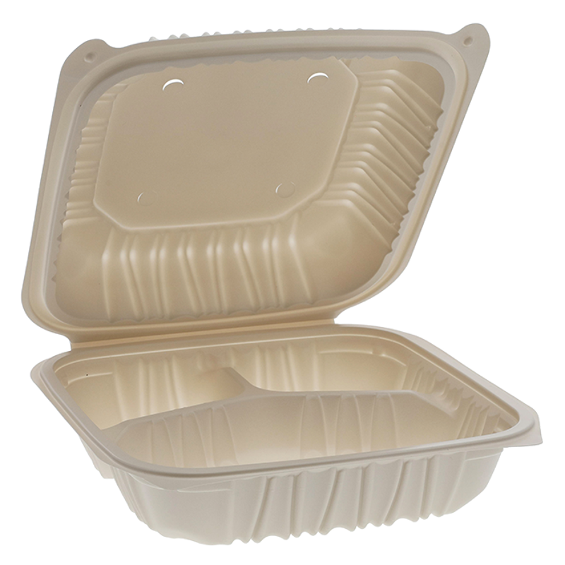 8 x 8" Vented 3-Compartment MFPP Hinged Lid Container | Pactiv Evergreen