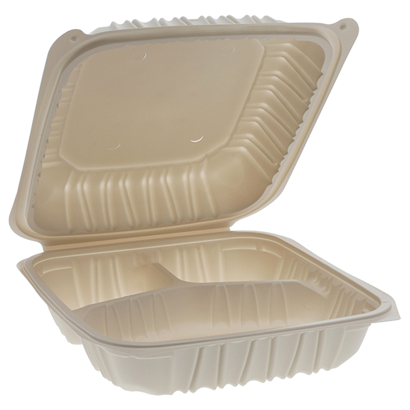9 x 9" Vented 3-Compartment MFPP Hinged Lid Container | Pactiv Evergreen
