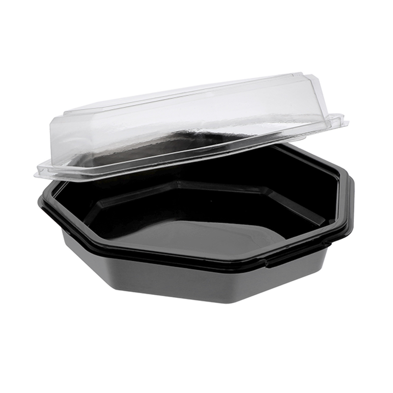 44 oz. RPET Hinged Lid Octagon Take Out Container, Black Base and Clear ...