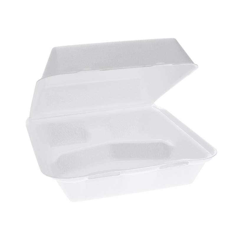8.4 x 8.4 x 3.1" PS Foam 3-Compartment Hinged Lid Container | Pactiv Evergreen